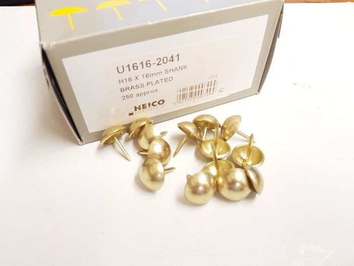 250 Brass plated 16mm upholstery nails large tacks Heico H16 furniture ...